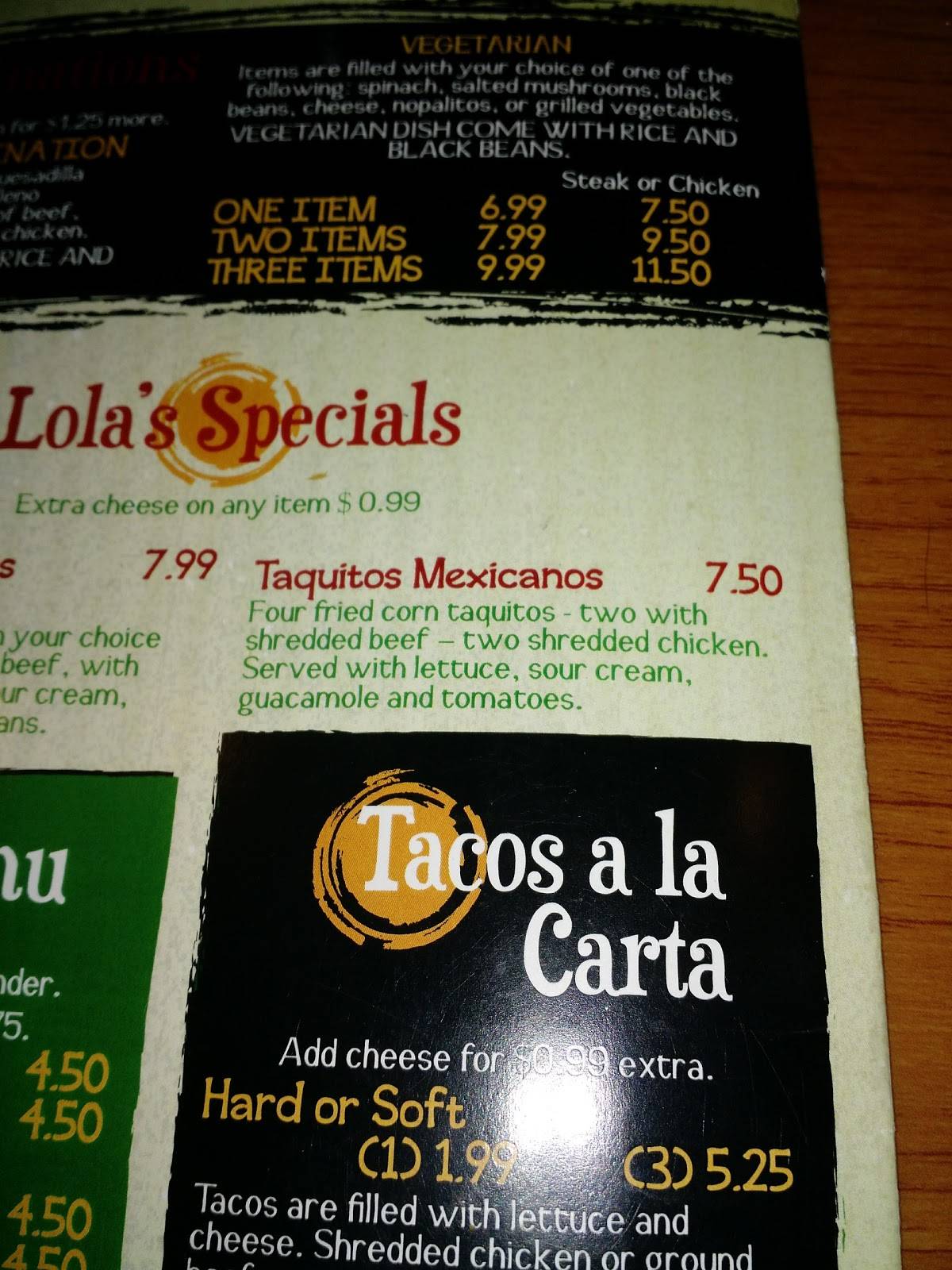 Menu at Lola's Mexican Cuisine & Cantina restaurant, Lynchburg