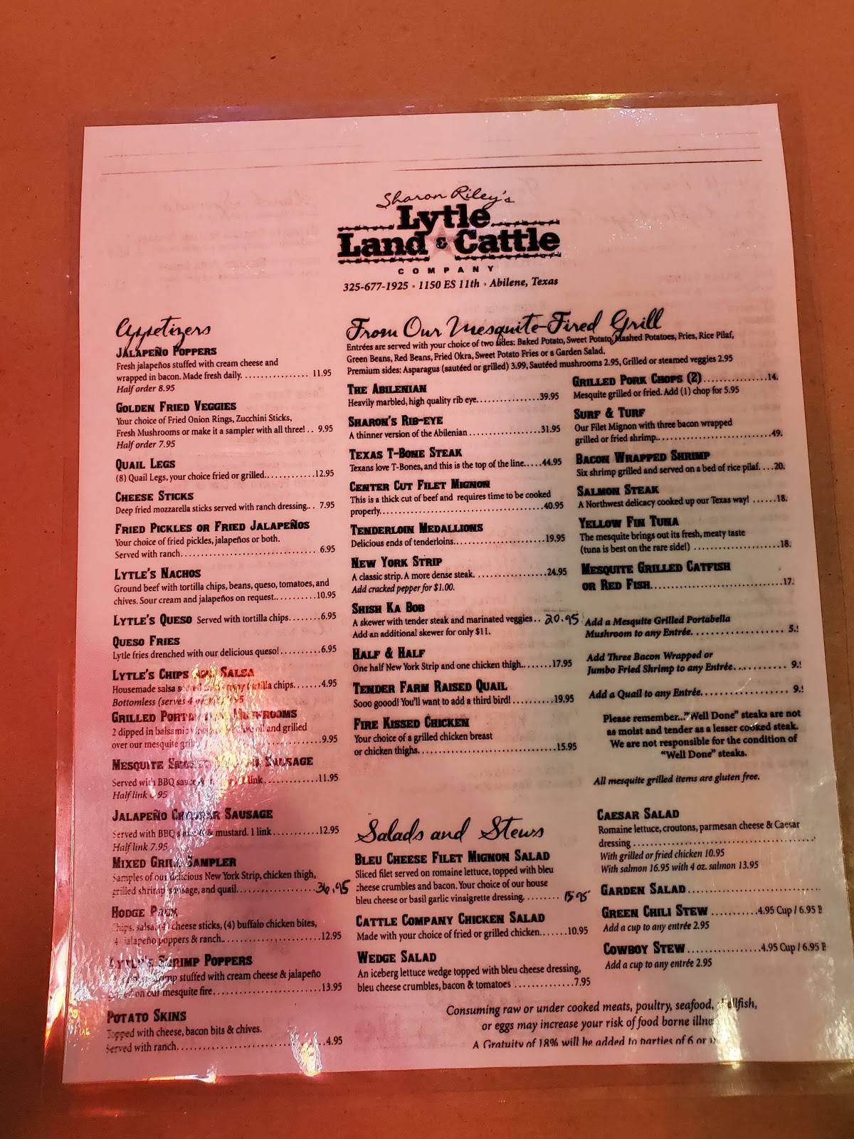 Menu at Lytle Land & Cattle Company steakhouse, Abilene