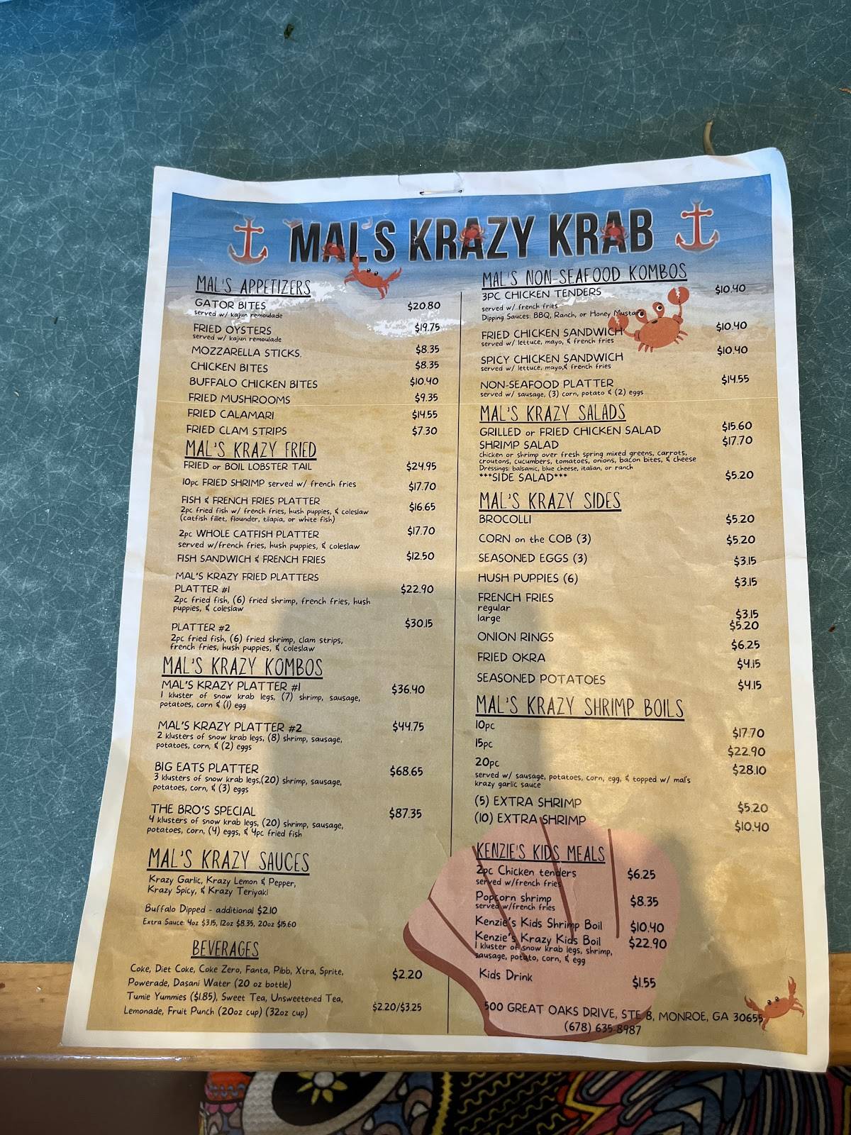 Menu at MALS KRAZY KRAB restaurant, Monroe