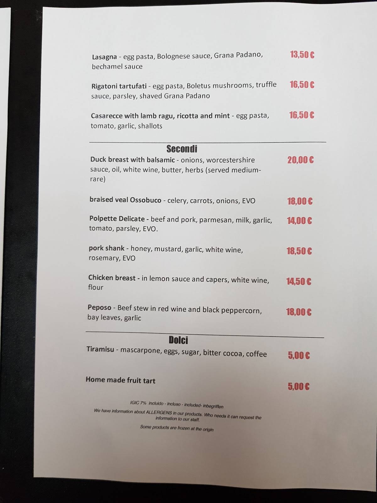 Menu at MATILDA restaurant, Maspalomas