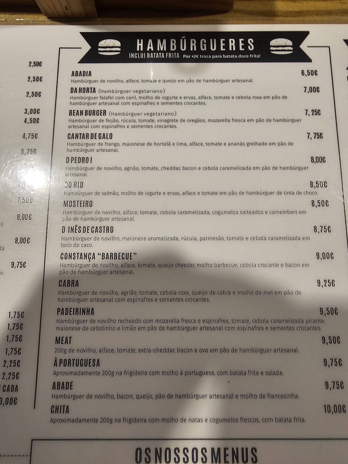 Menu em MEAT restaurante, Alcobaça
