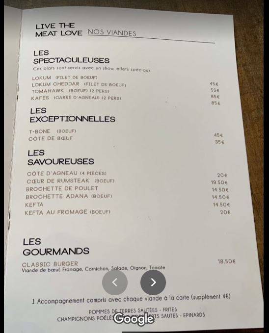 Menu au M'et Steakhouse, Chelles