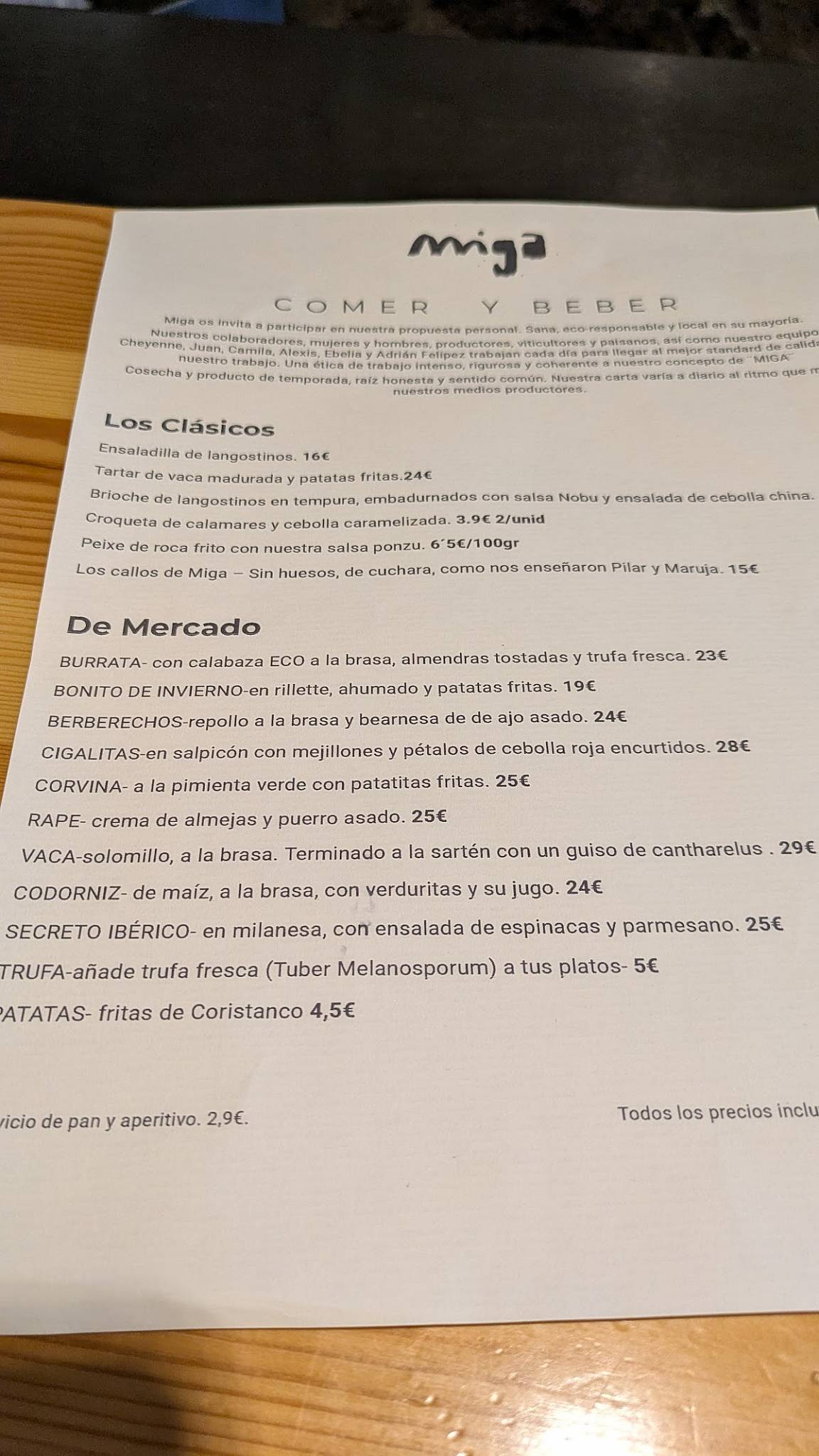 Carta del restaurante MIGA, La Coruña
