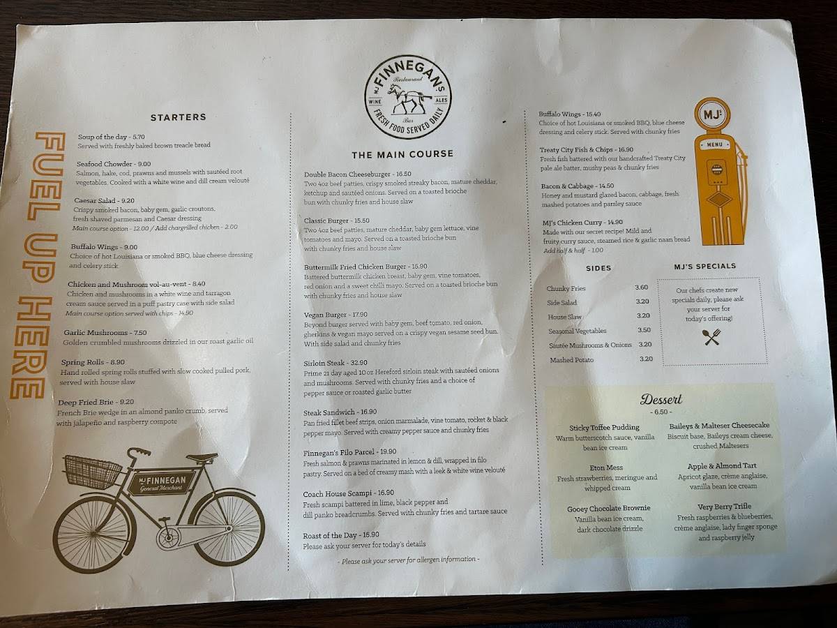 Menu at MJ Finnegan's pub & bar, Annacotty