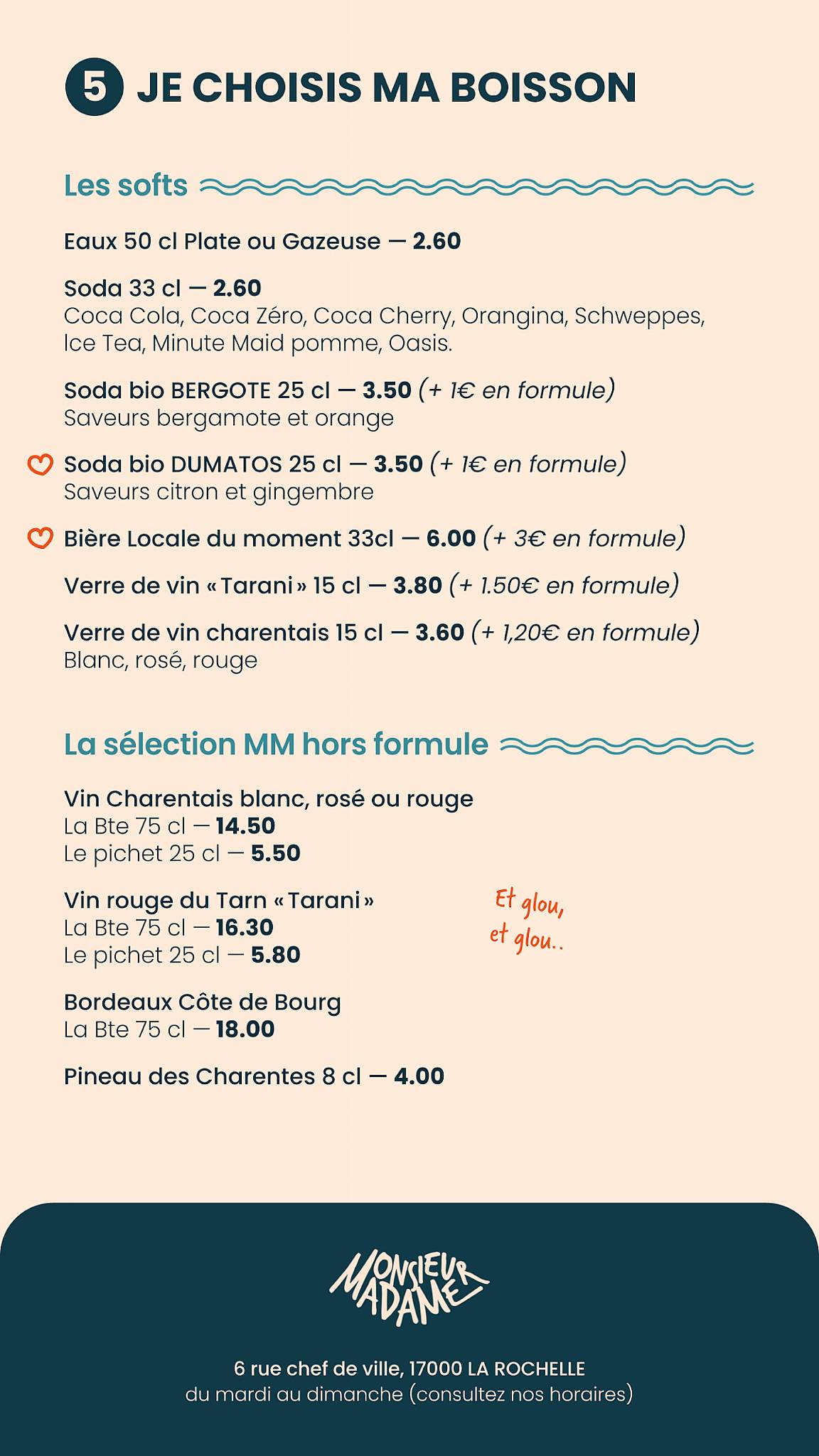 Menu au MONSIEUR MADAME restaurant, La Rochelle