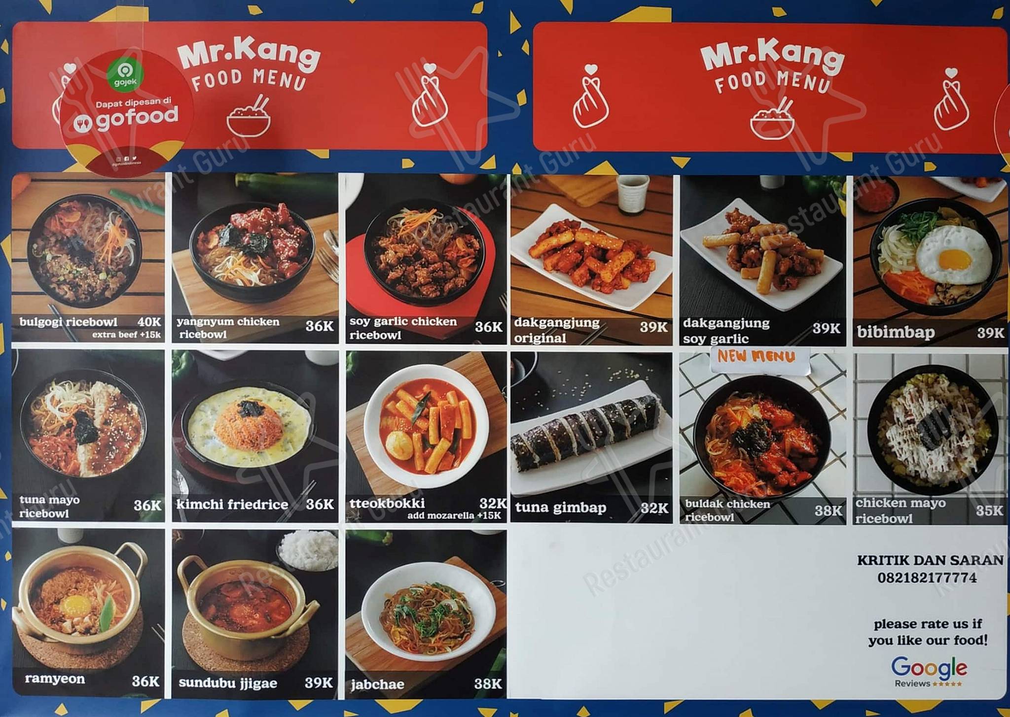 Menu at Mr.kang restaurant, Jakarta