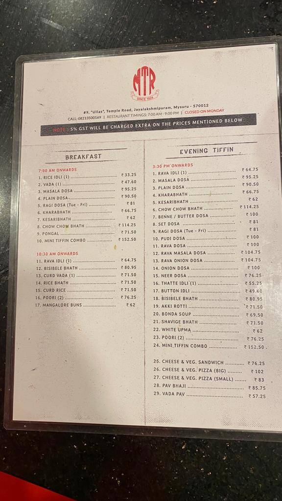 Menu at MTR, Mysuru, 9