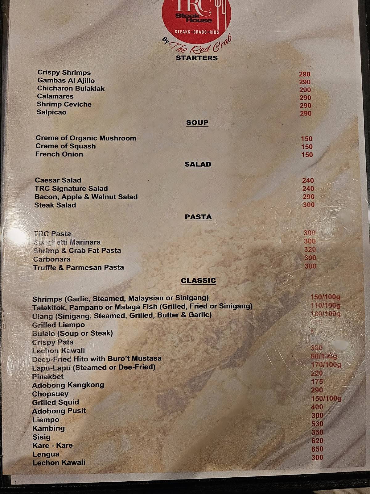 Menu at The Red Crab restaurant, Mabalacat, 5GJC+HG3