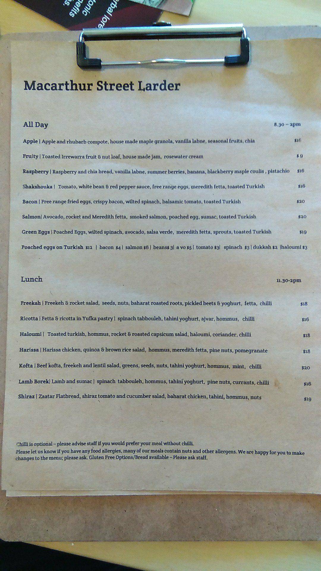 Menu at Macarthur Street Larder cafe, Soldiers Hill
