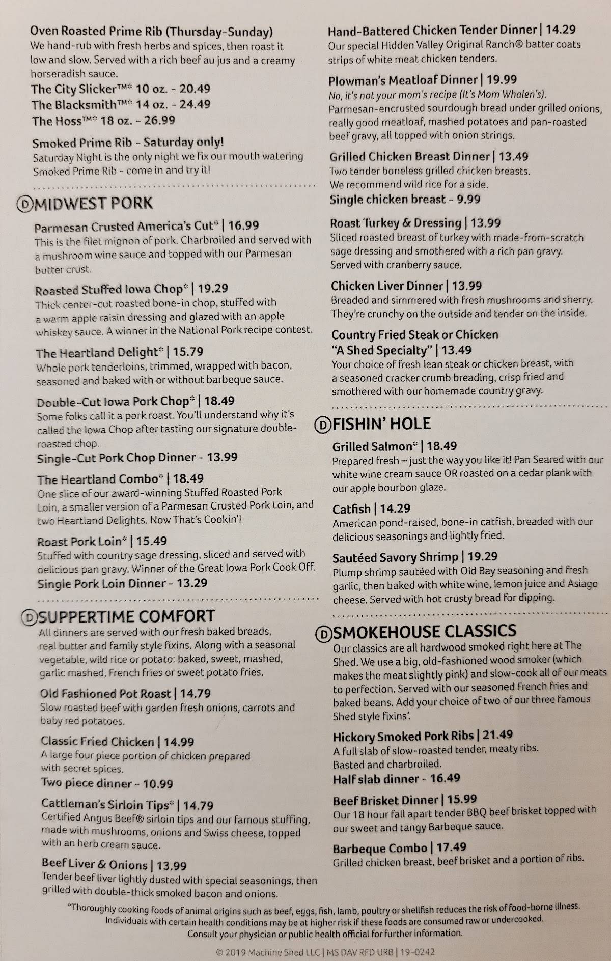 Menu at Machine Shed Restaurant, Rockford