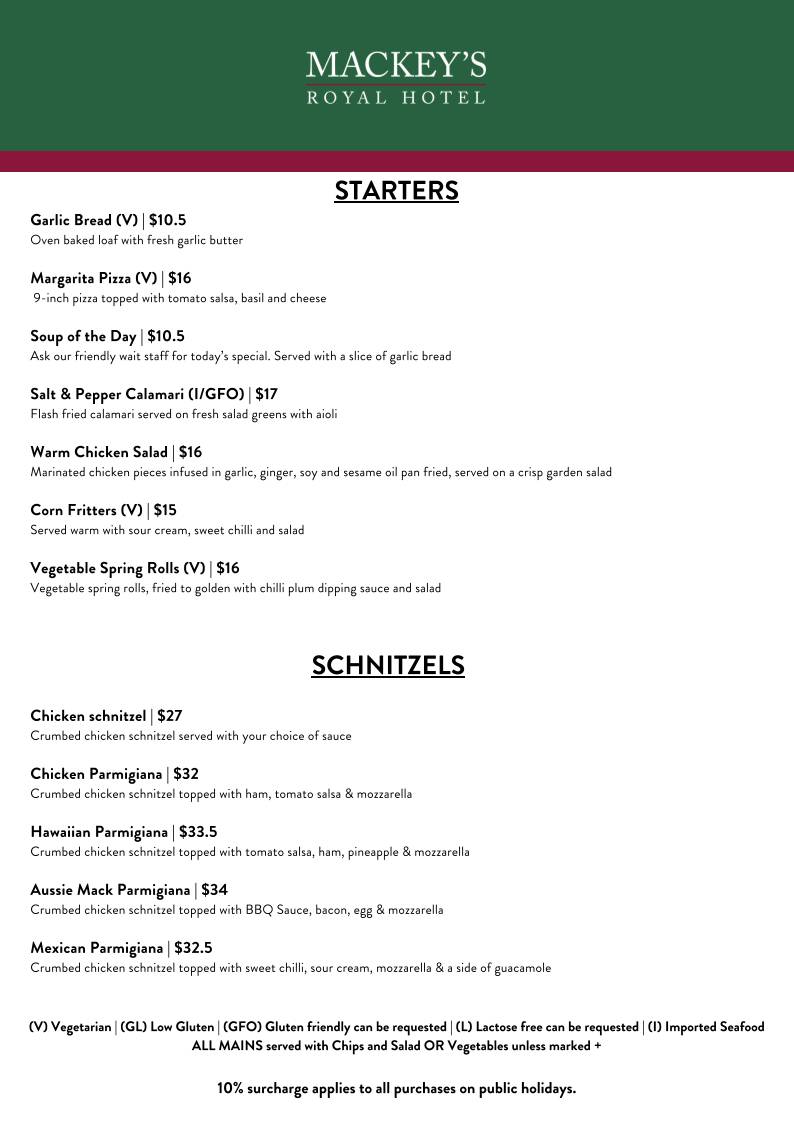 Menu at Mackey's Royal Hotel pub & bar, Latrobe