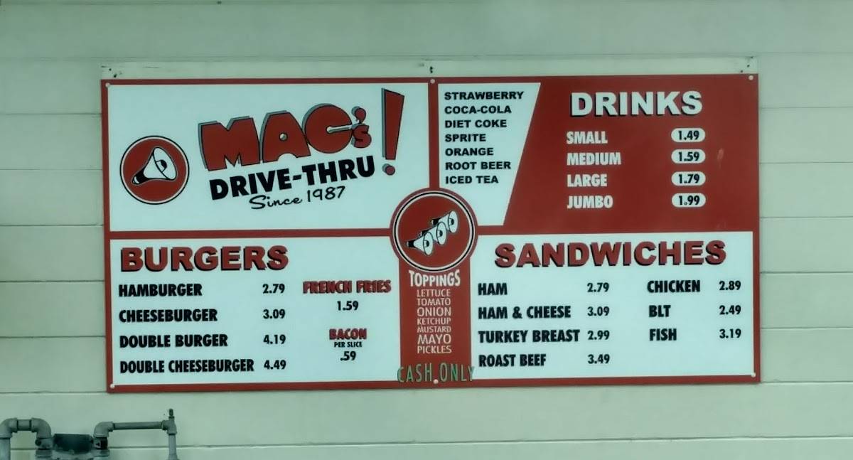 Menu at Mac's Drive Thru fast food, Gainesville