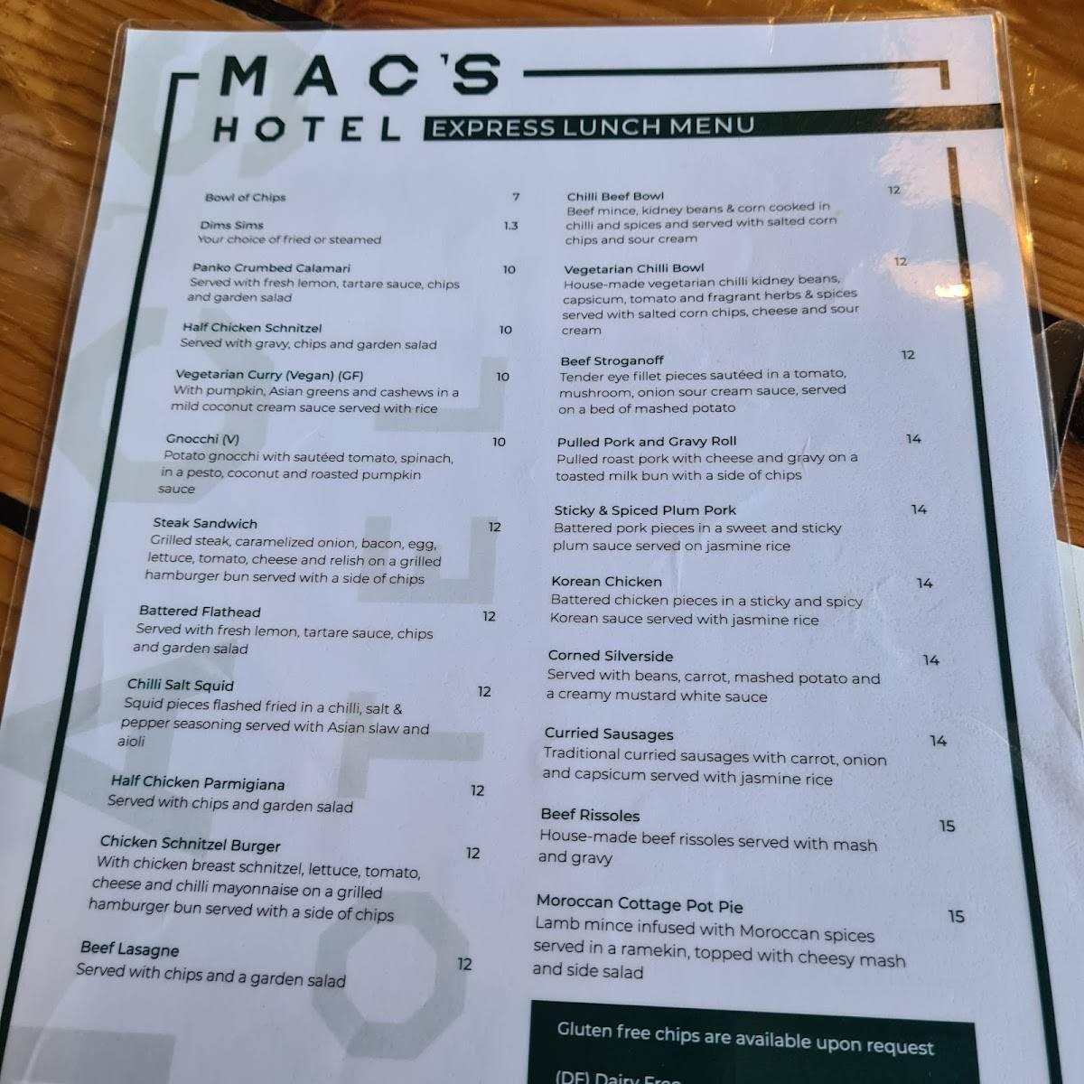 Menu at Macs Hotel pub & bar, Portland