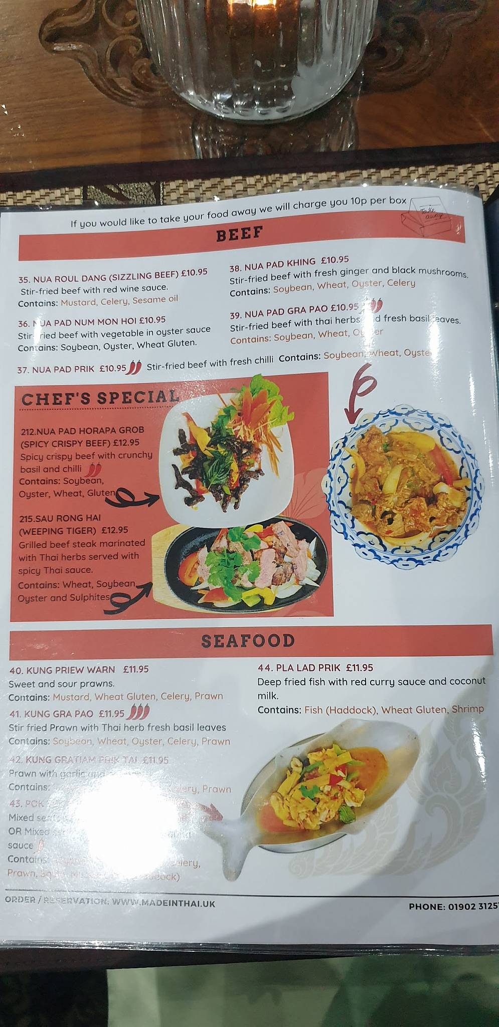Menu at Made In Thai restaurant, Wolverhampton