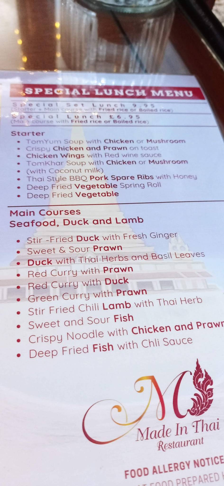 Menu at Made In Thai restaurant, Wolverhampton