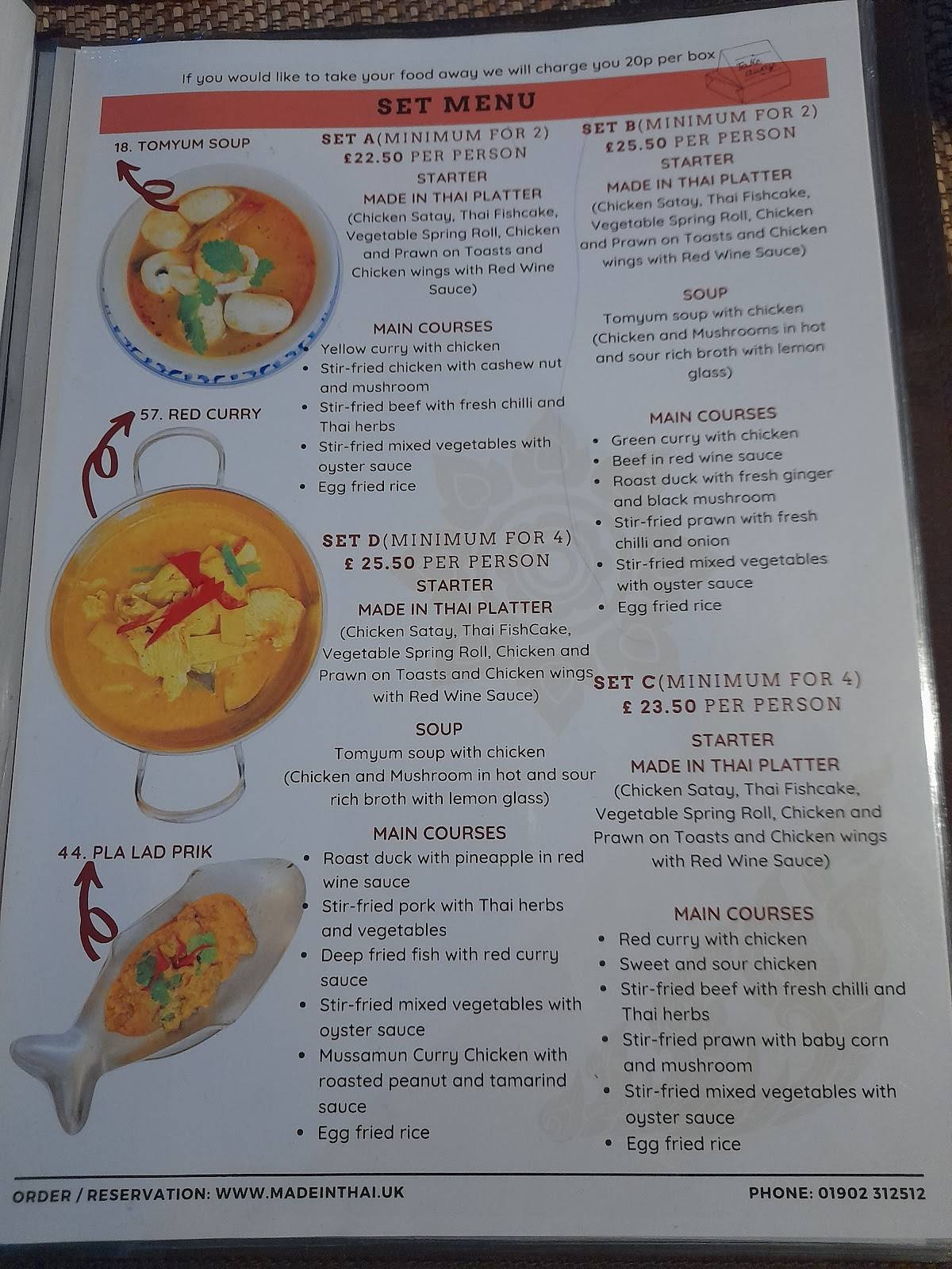 Menu at Made In Thai restaurant, Wolverhampton
