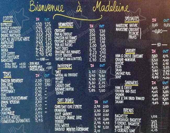 Menu at Madeleine cafe, London