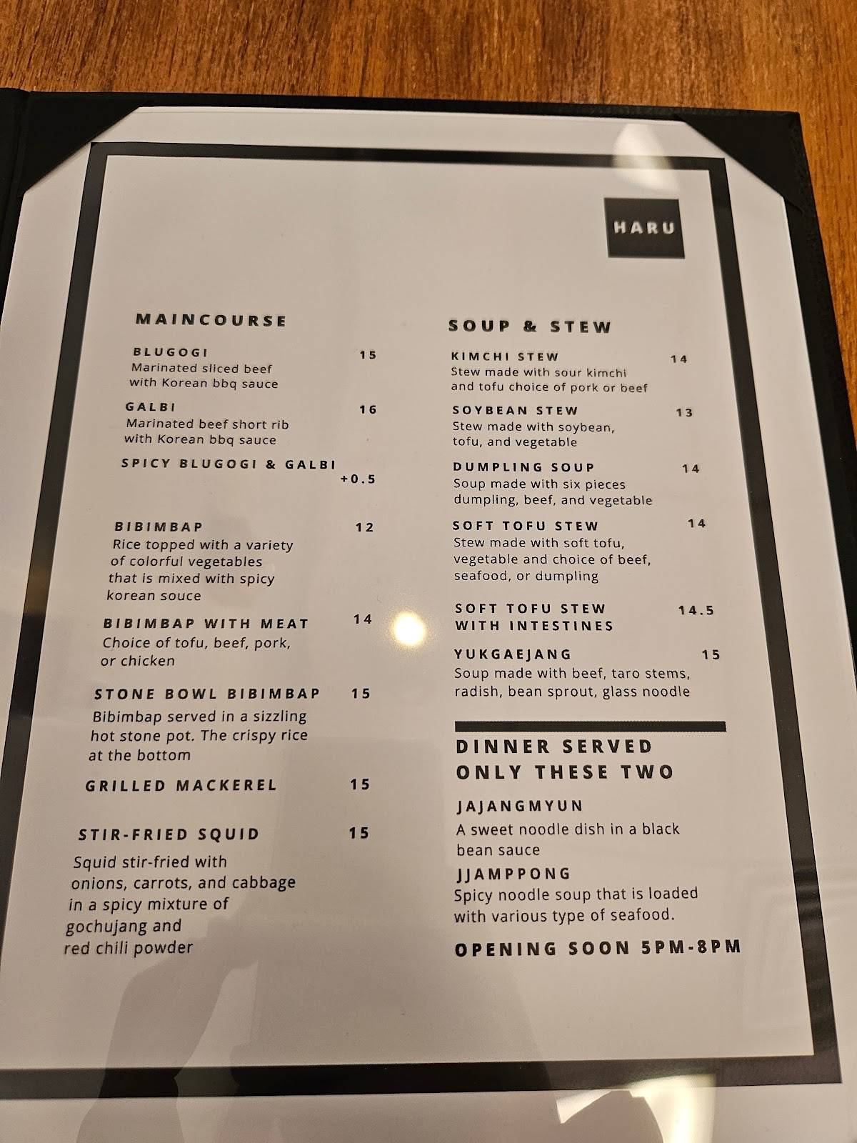 Menu at Haru Korean restaurant, Madison