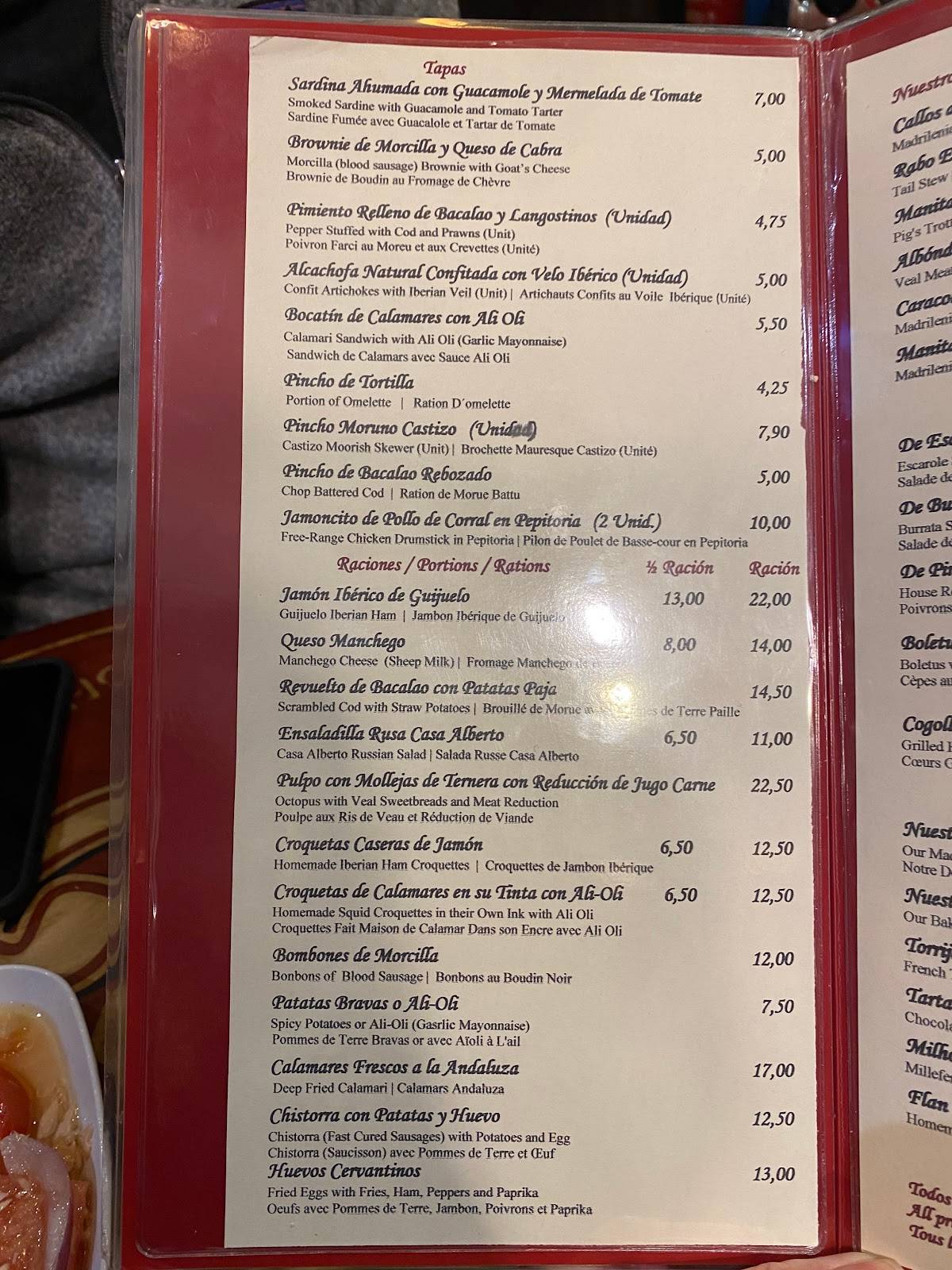 Carta del restaurante Casa Alberto, Madrid, Calle del Las Huertas