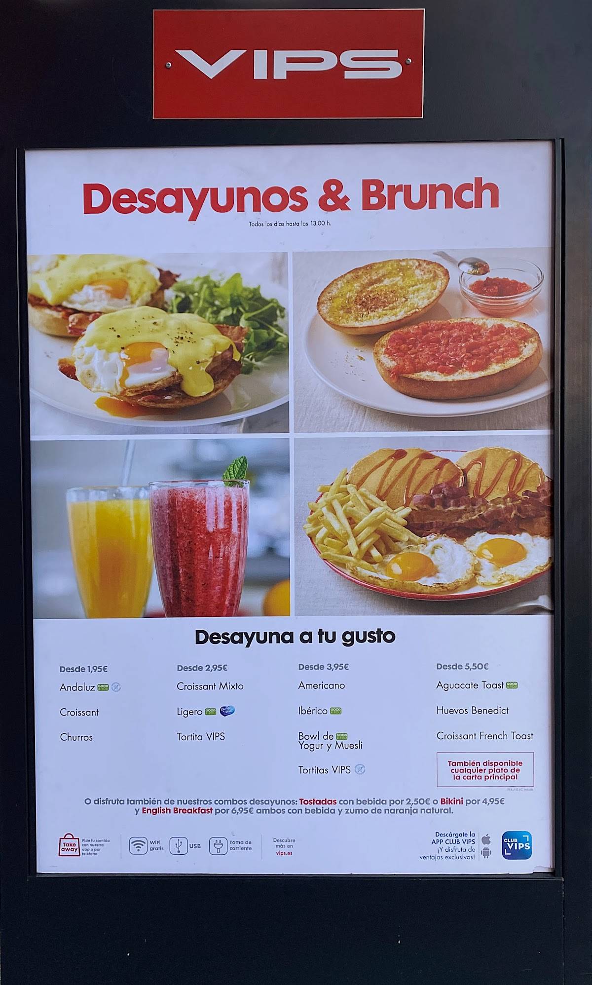 Menu at VIPS restaurant, Madrid, C. de Alberto Aguilera