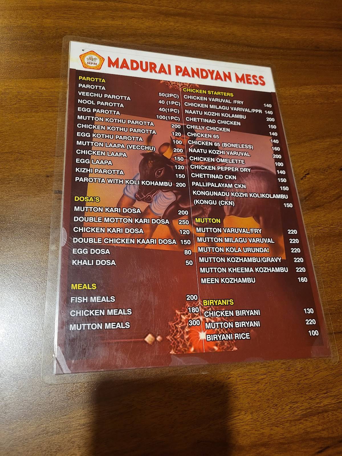 Menu at Madurai Pandyan Mess, Bengaluru