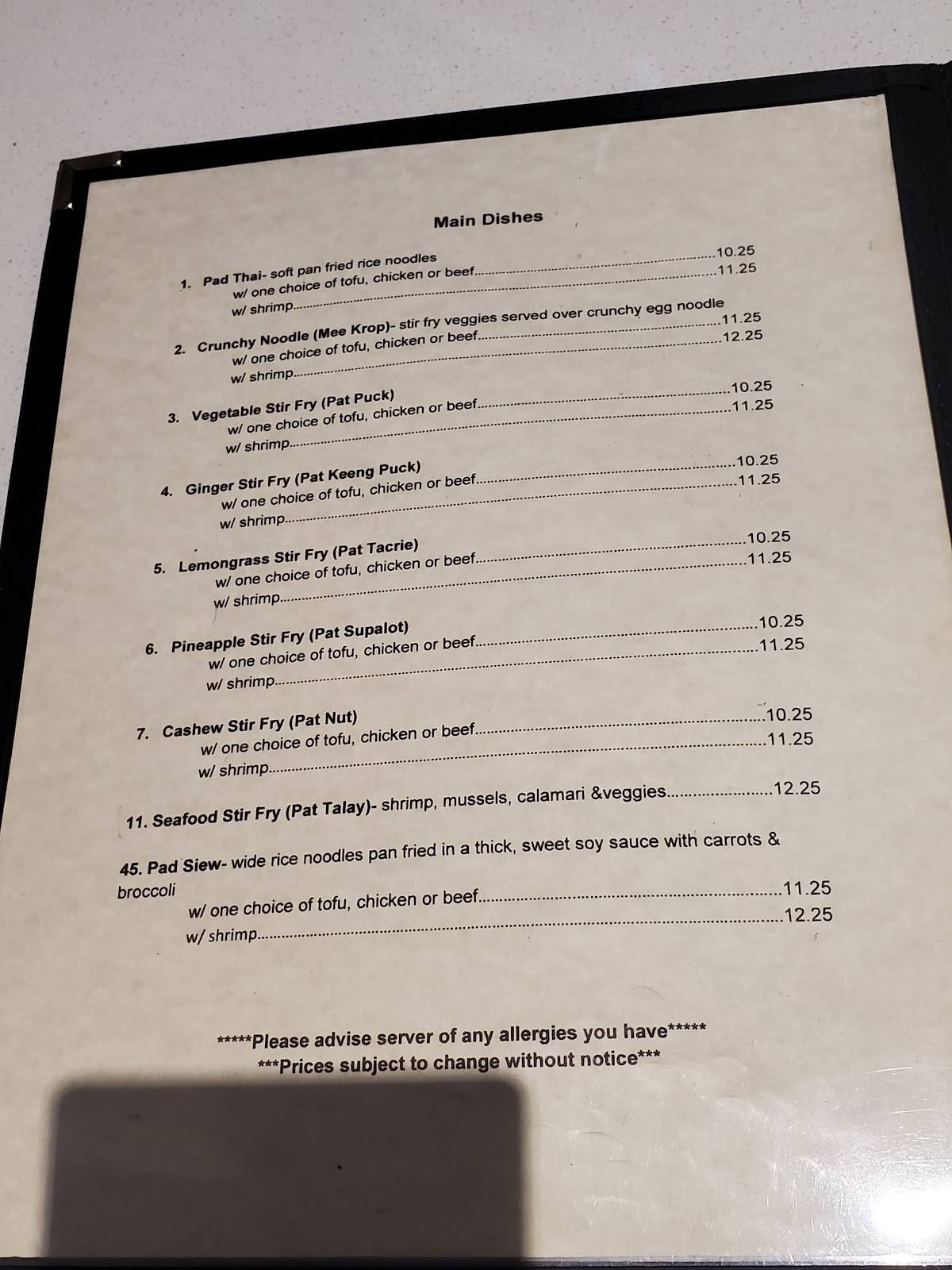 Menu at Magic Thailand Restaurant, Winnipeg