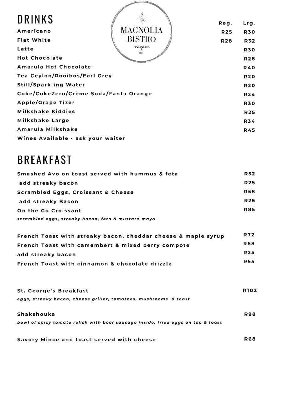 Menu at Magnolia Bistro restaurant, Tzaneen