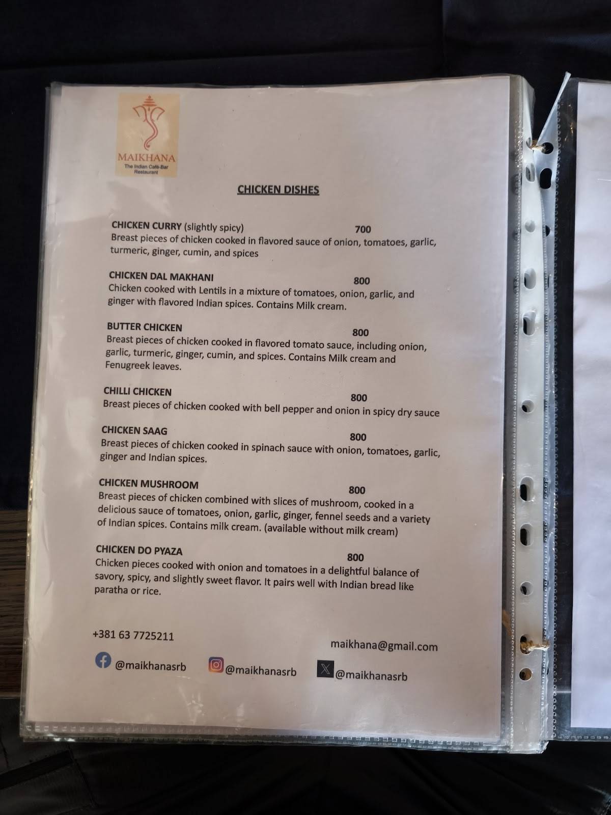 Menu at Maikhana The Indian cafe bar restaurant, Belgrade
