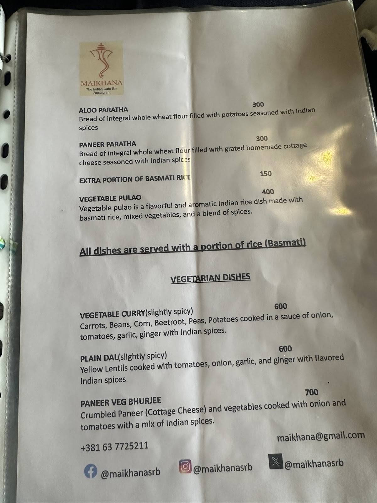 Menu at Maikhana The Indian cafe bar restaurant, Belgrade