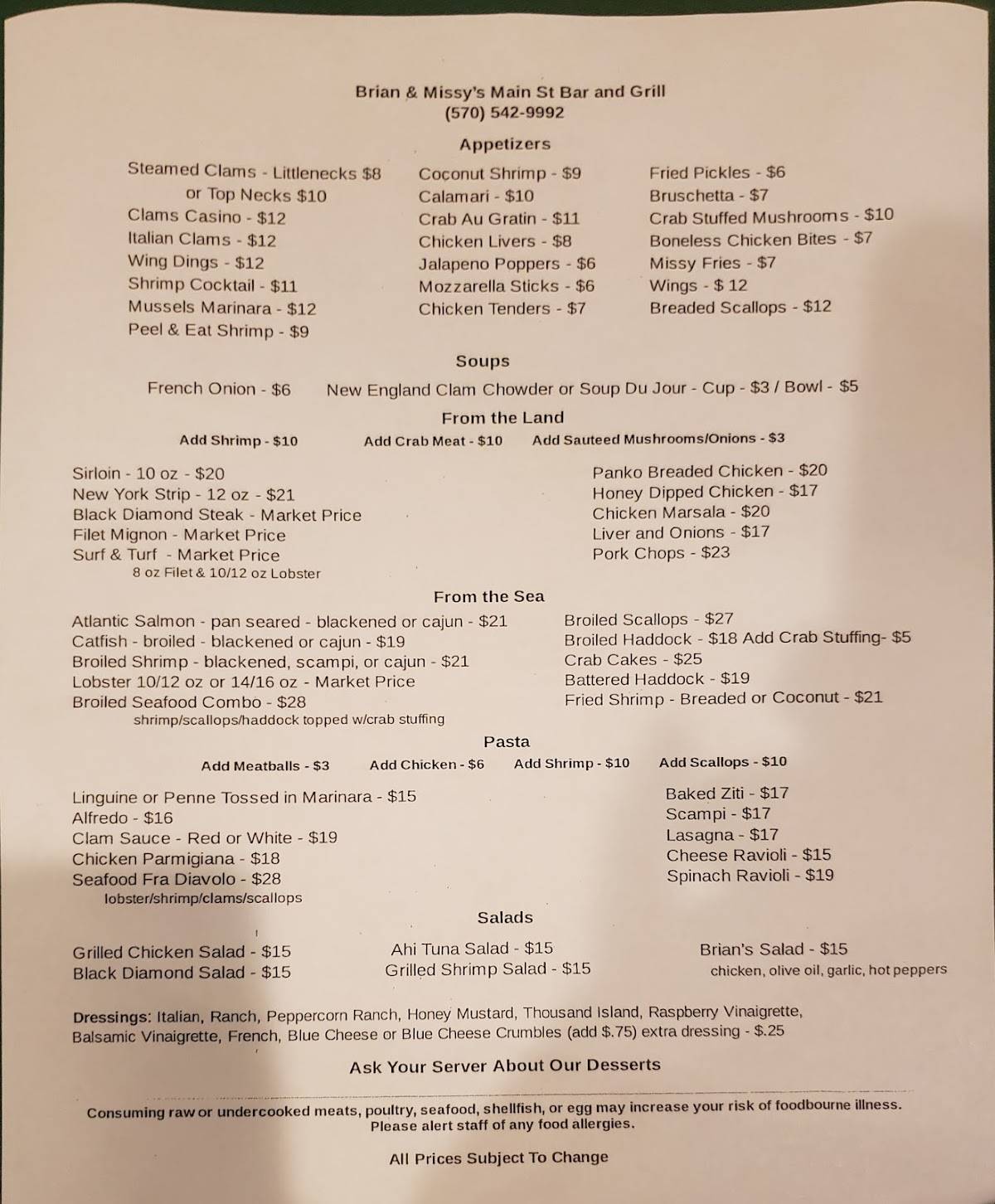 Menu at Main Street Bar & Grill, Mocanaqua