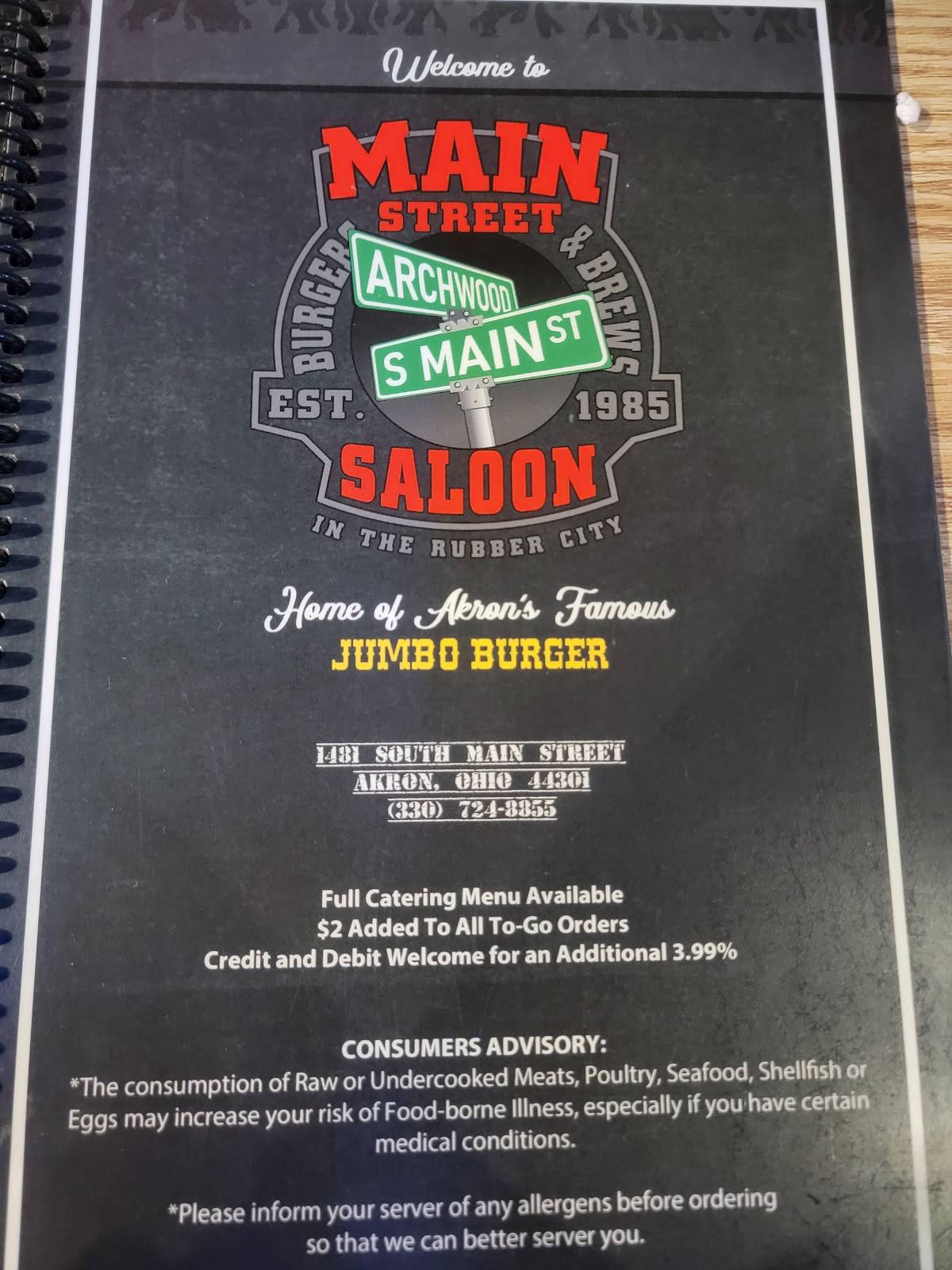 Menu at Main Street Saloon pub & bar, Akron