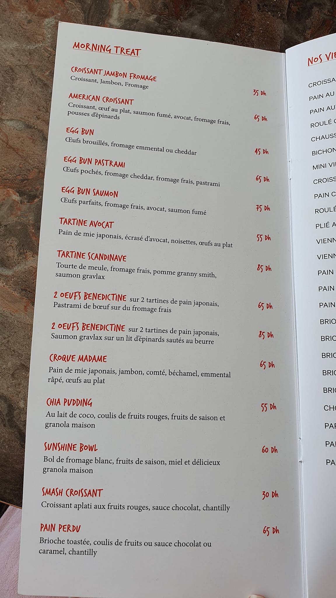Menu at Maison Kayser cafe, Rabat