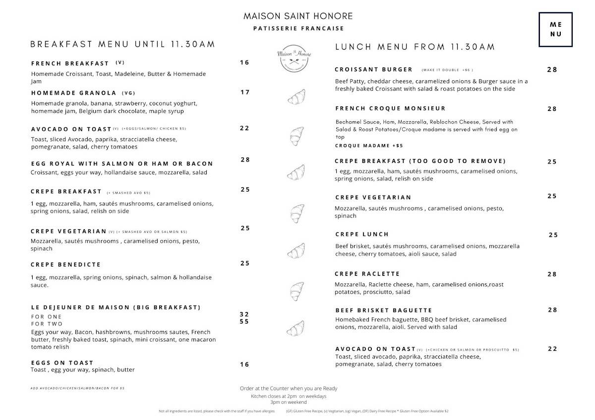 Menu at Maison Saint-Honoré - Caversham cafe, Caversham, 100 Benara Rd