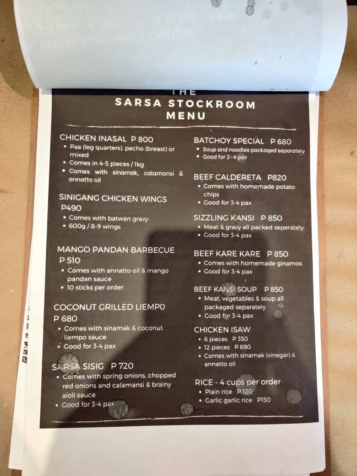 Menu at Sarsá Kitchen + Bar, Makati, 109 Rada