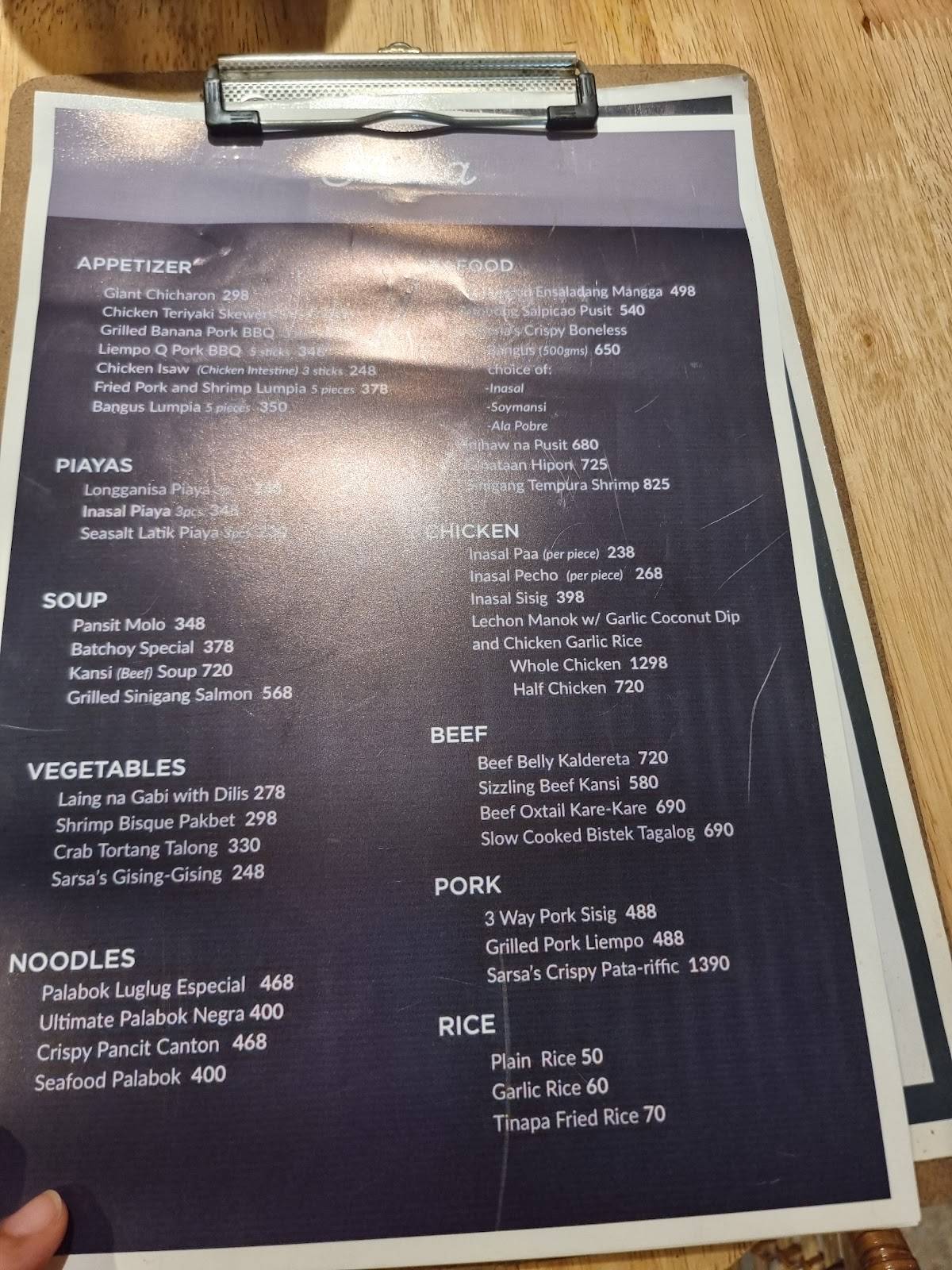 Menu at Sarsá Kitchen + Bar, Makati, 109 Rada