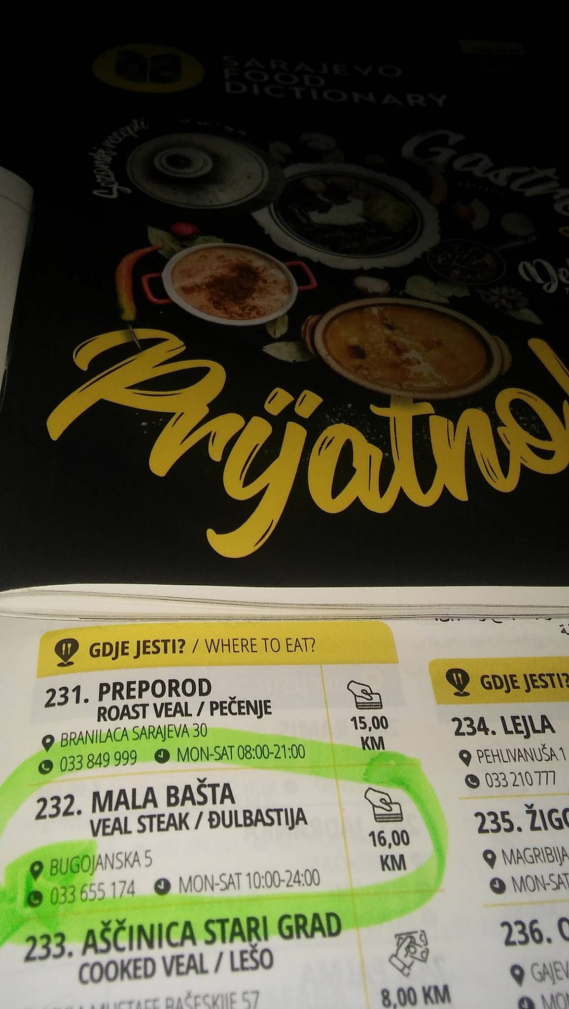 Menu at Mala bašta restaurant, Sarajevo