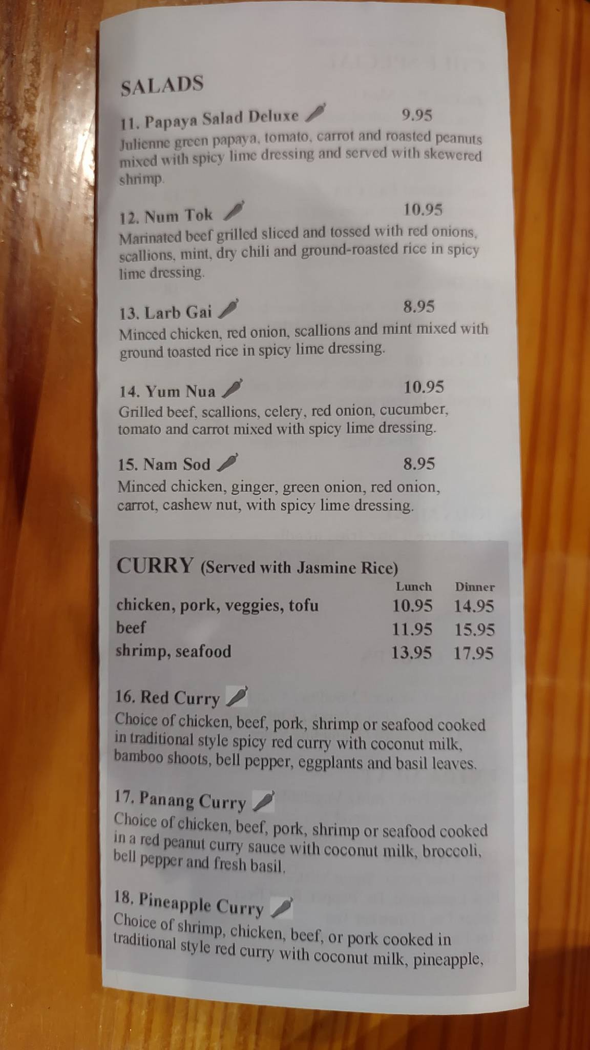 Menu at Mali Thai Restaurant, Nederland