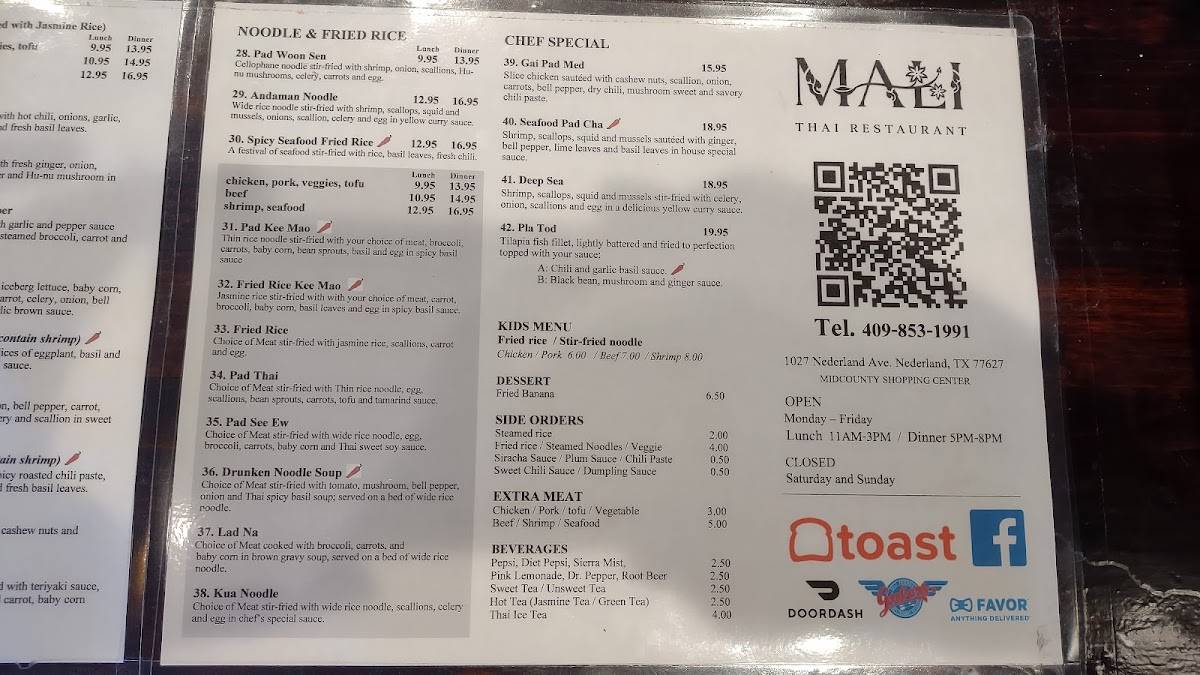 Menu at Mali Thai Restaurant, Nederland