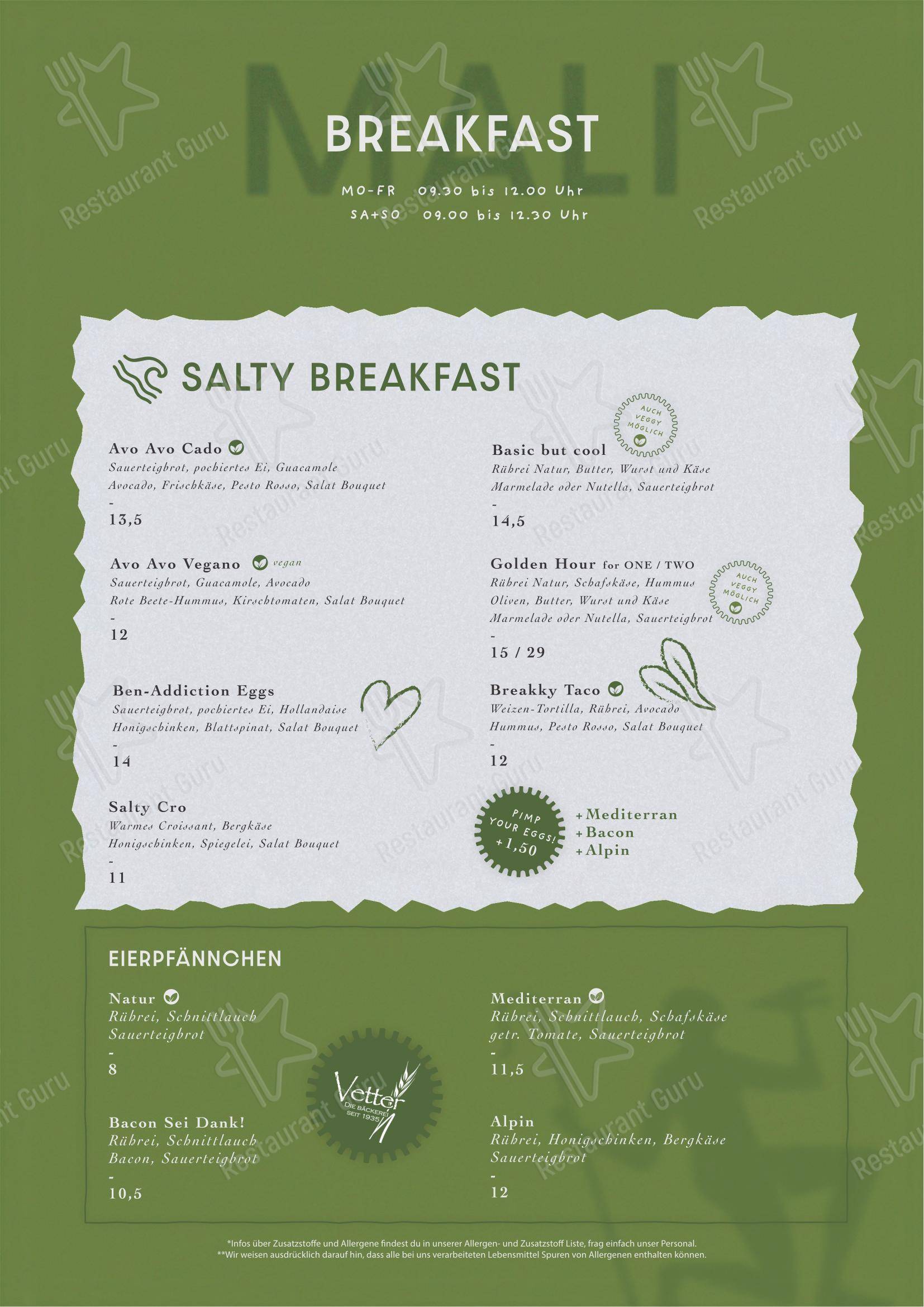 Speisekarte von Mali & Milo - Frühstück, Lunch, Dinner und Bar, Mainz