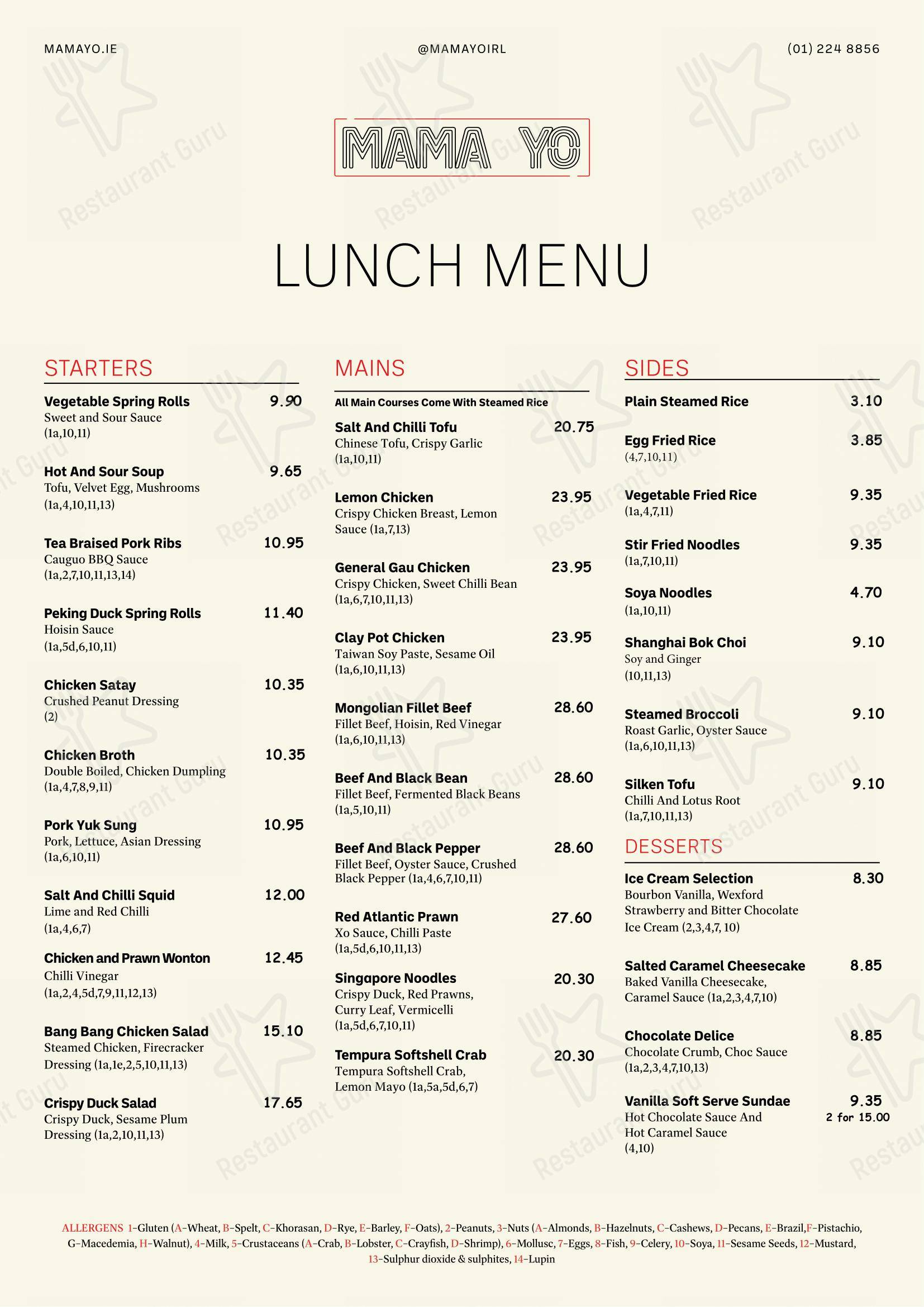 Menu at Mama Yo restaurant, Dublin