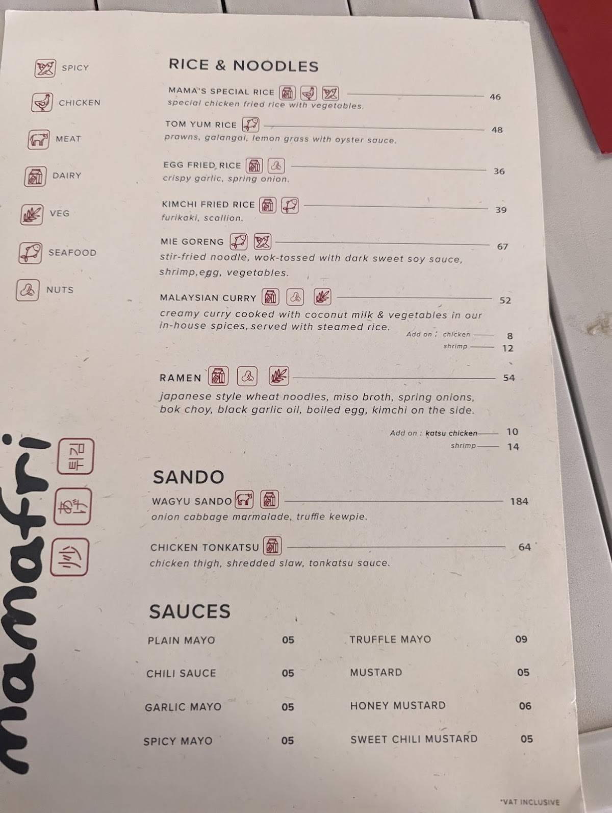Menu at Mamafri DIFC restaurant, UAE