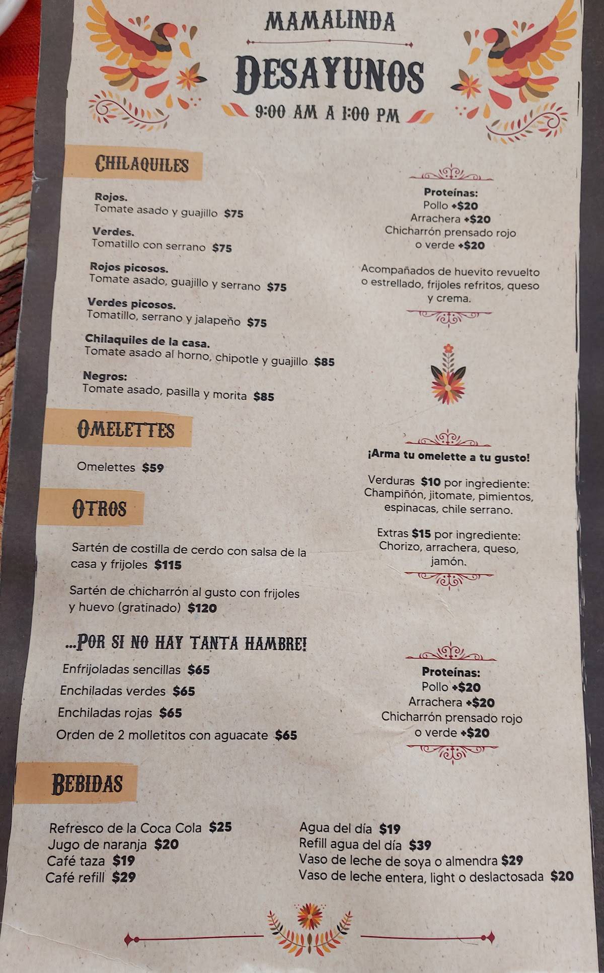 Carta del restaurante Mamalinda “Del Codo”, Aguascalientes