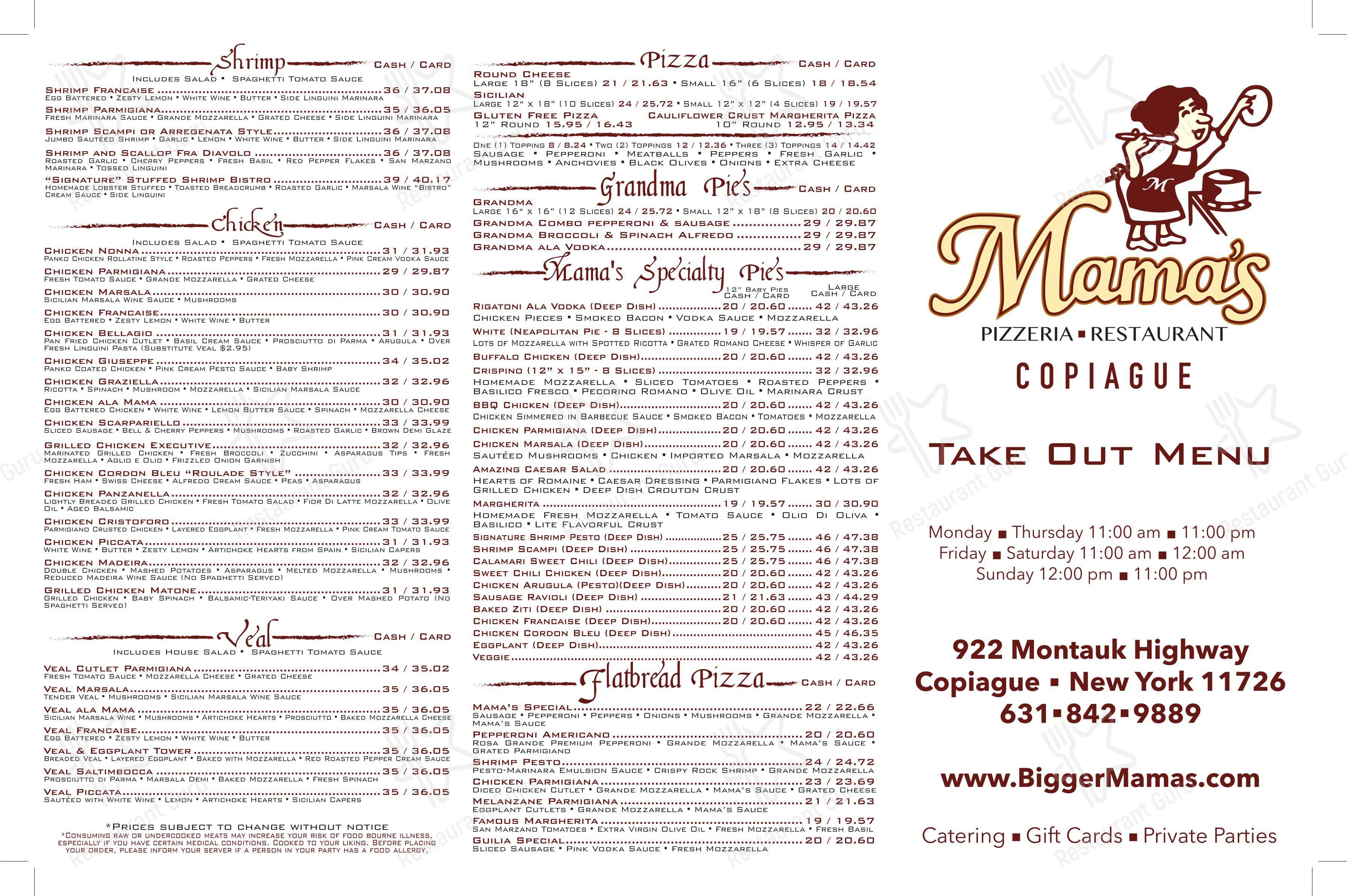 Menu at Mama's Copiague pizzeria, Copiague, 922 Montauk Hwy