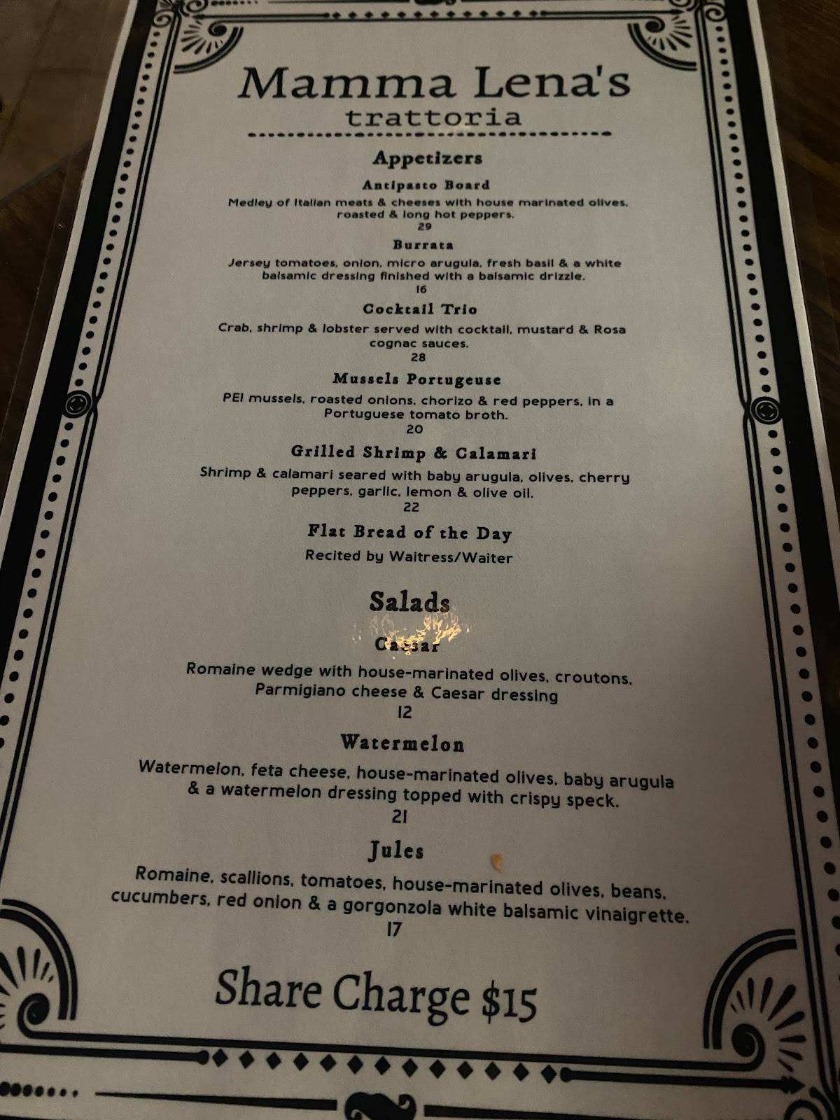 Menu at Mamma Lena's Trattoria restaurant, Ventnor City