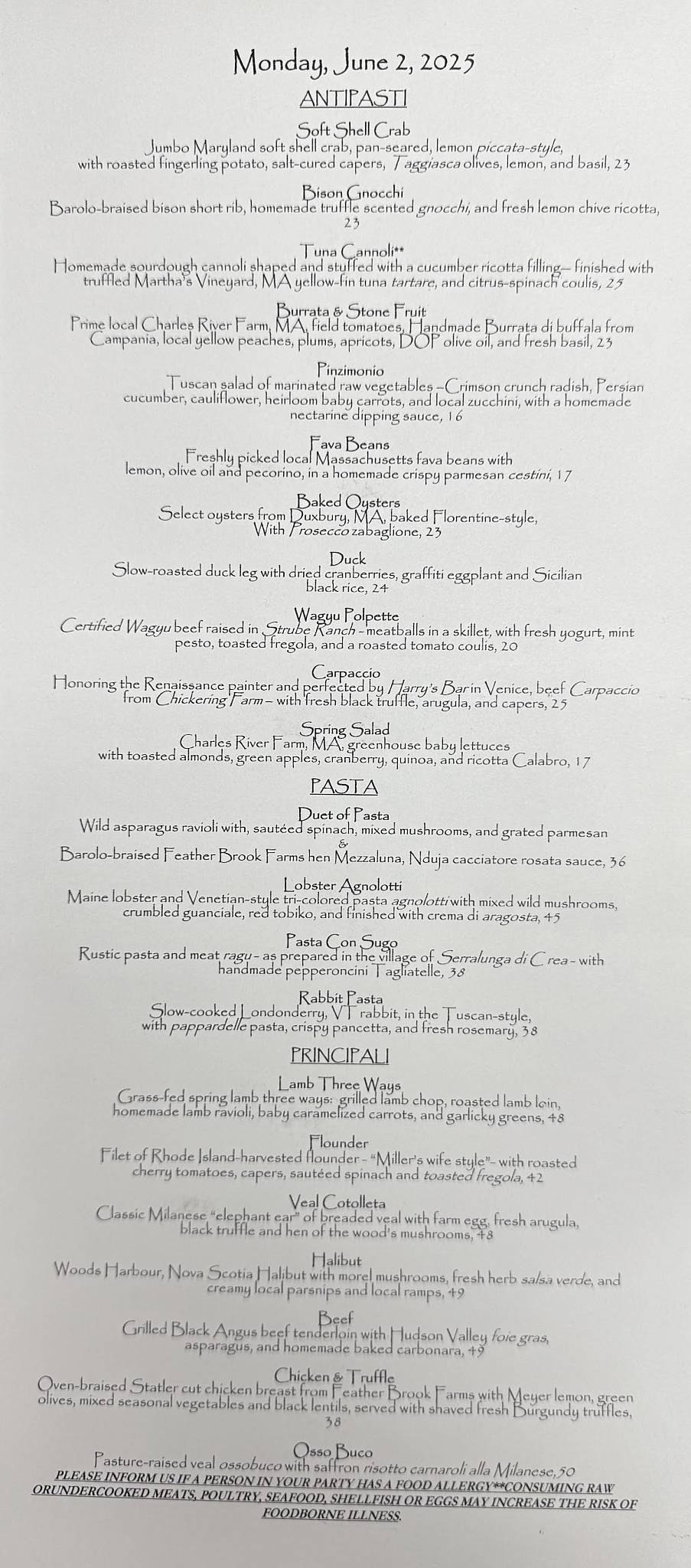 Menu at Mamma Maria restaurant, Boston