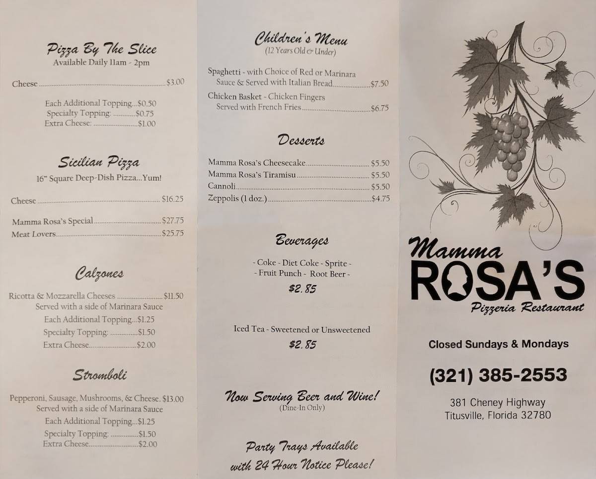 Menu at Mamma Rosa's Pizza & Restaurant, Titusville