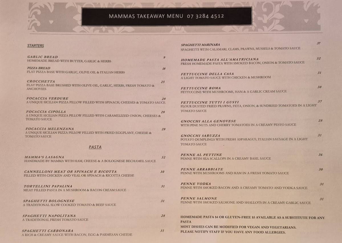Menu at Mamma's Italian Restaurant, Redcliffe