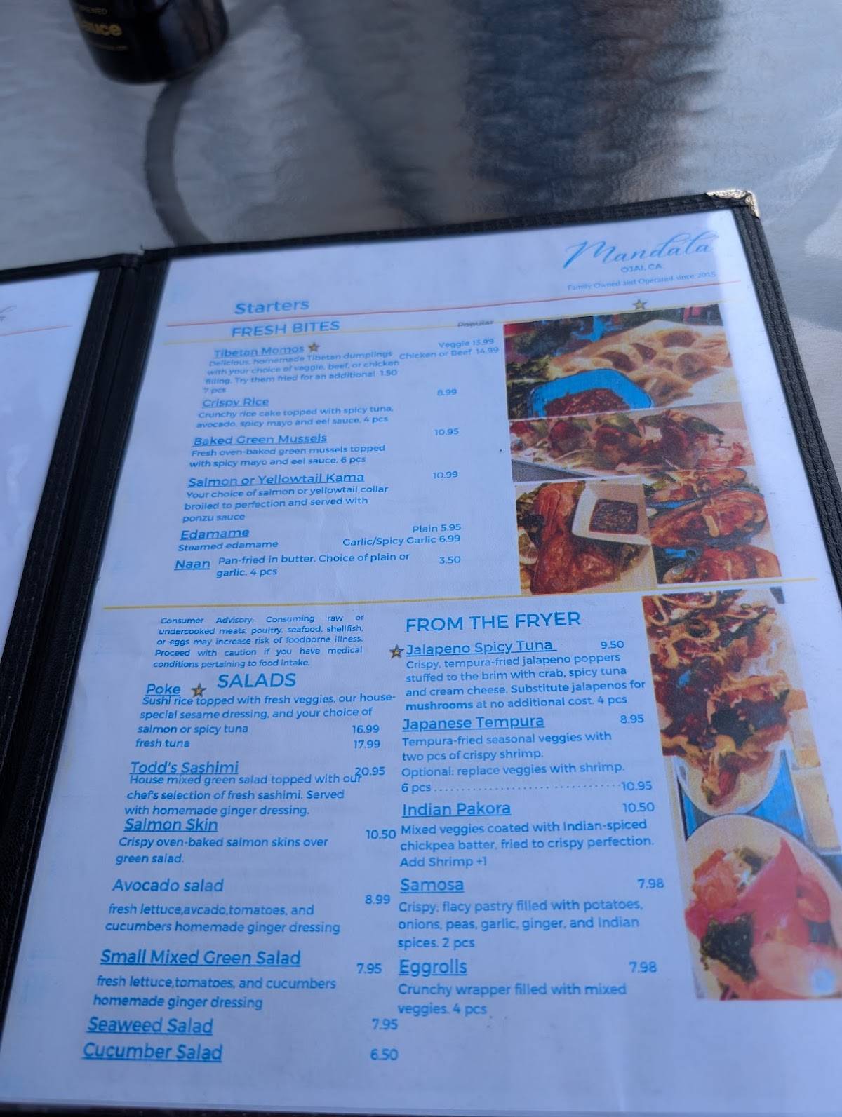 Menu at Mandala Restaurant - Tibetan, Japanese and Indian, Ojai