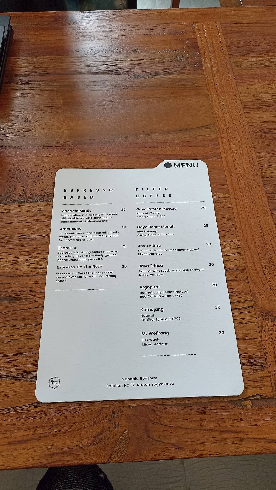Menu at Mandala Roastery cafe, Yogyakarta