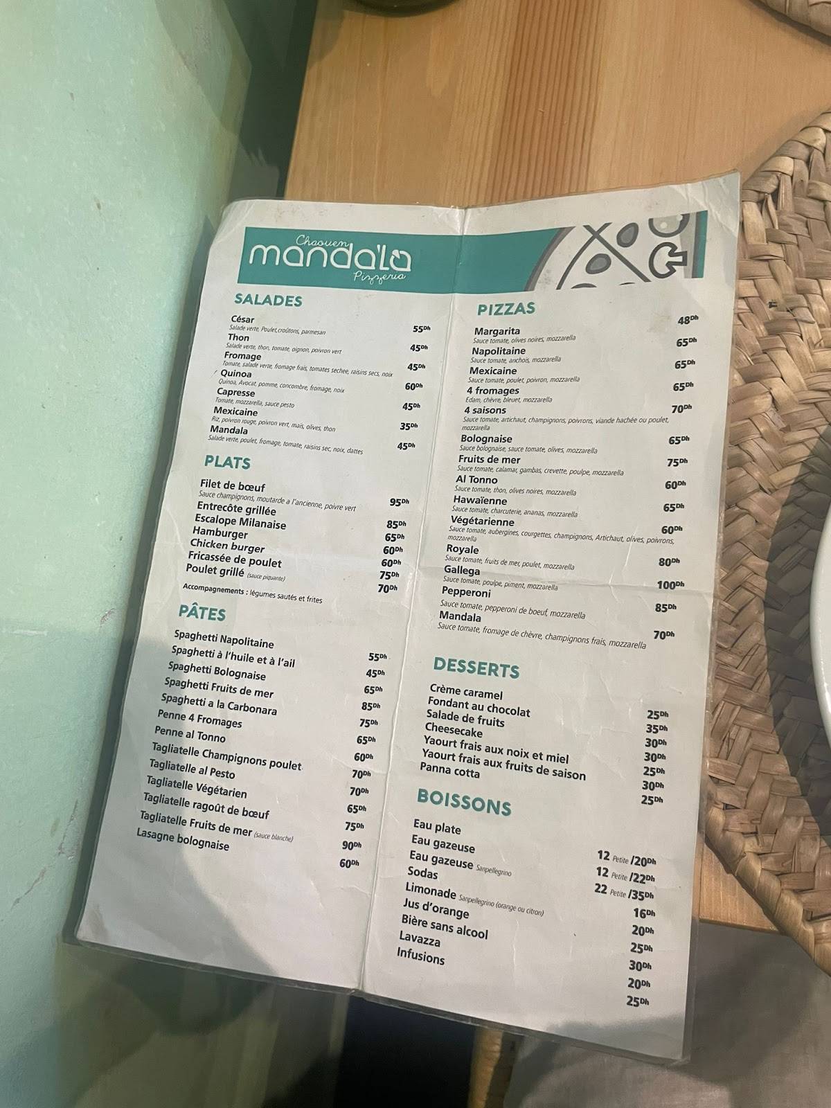Menu au Mandala restaurant, Chefchaouen